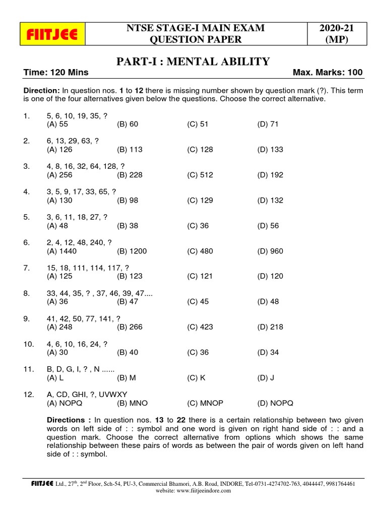QP - Madhra Pradesh - Ntse Stage 1 (2020-21) - Mat | PDF