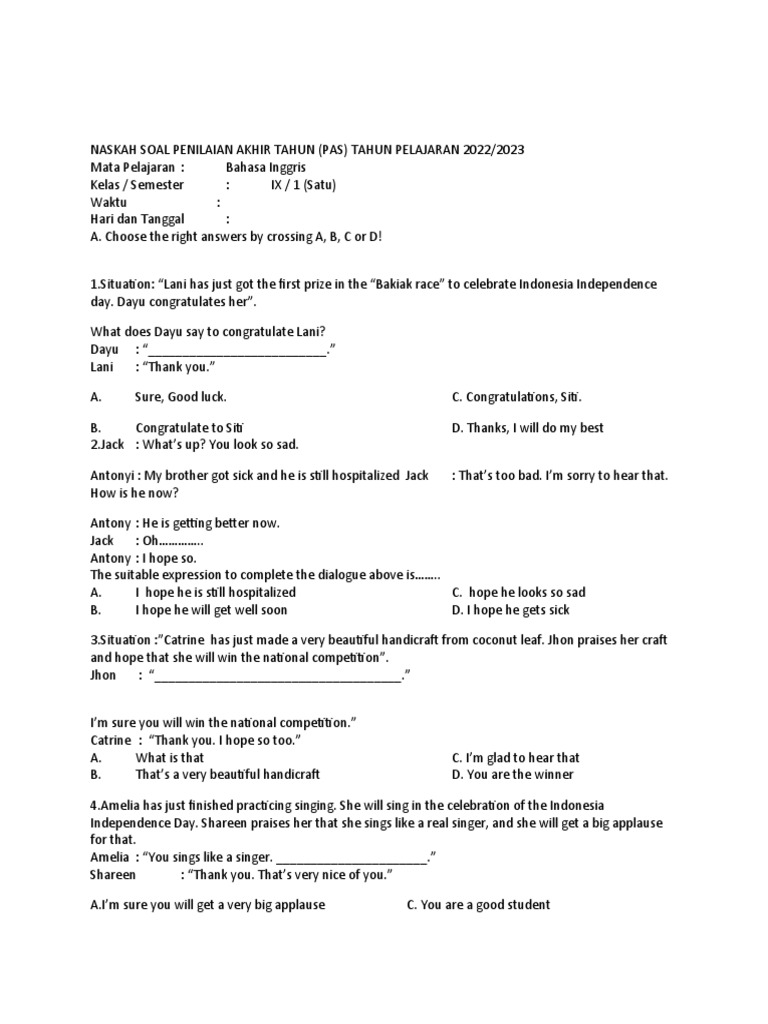 Soal PAS Bahasa Inggris Sem 1 | PDF | Refrigerator | Spoon
