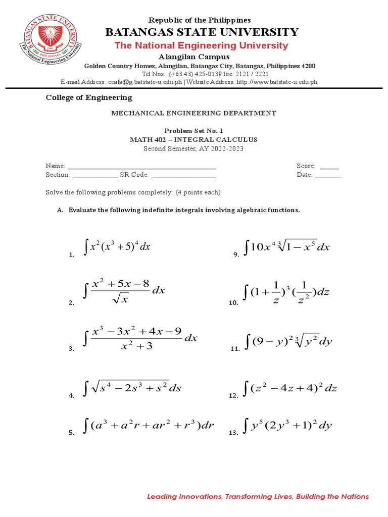 MATH 402 Definite Integral Worksheet | PDF