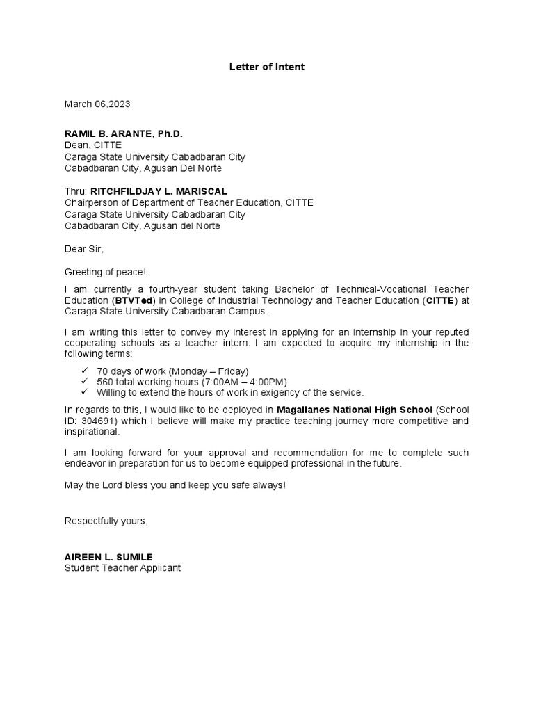 Letter of Intent Internship | PDF