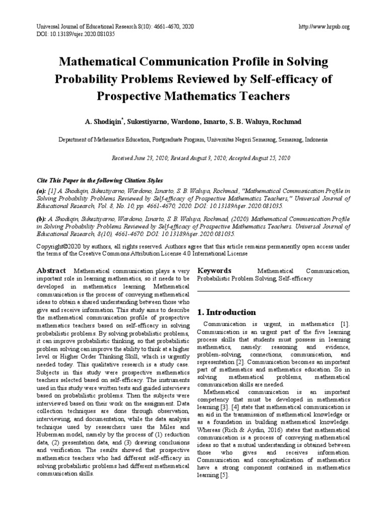 Mathematical Communication Profile in Solving Probability Problems Reviewed by Self-Efficacy of ...