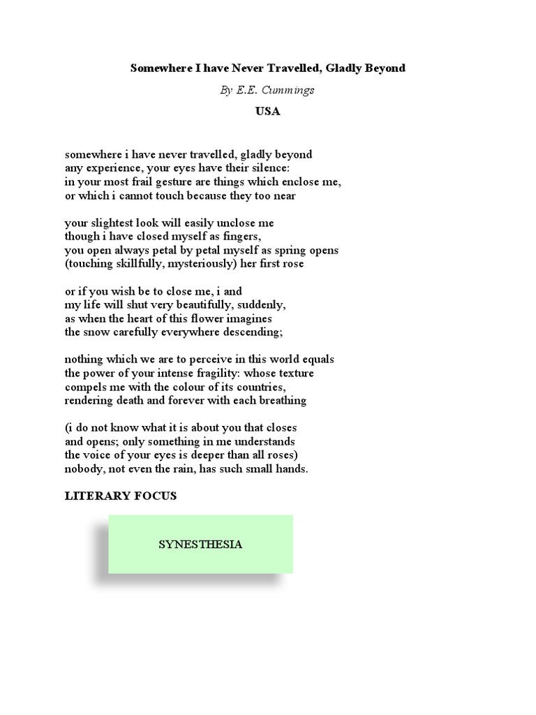 Somewhere I Have Never Travelled | PDF | Poetry | Love