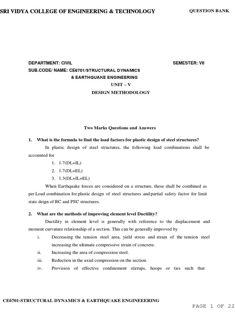 CE6701 Structural Dynamics & Earthquake Engineering Question Bank ...