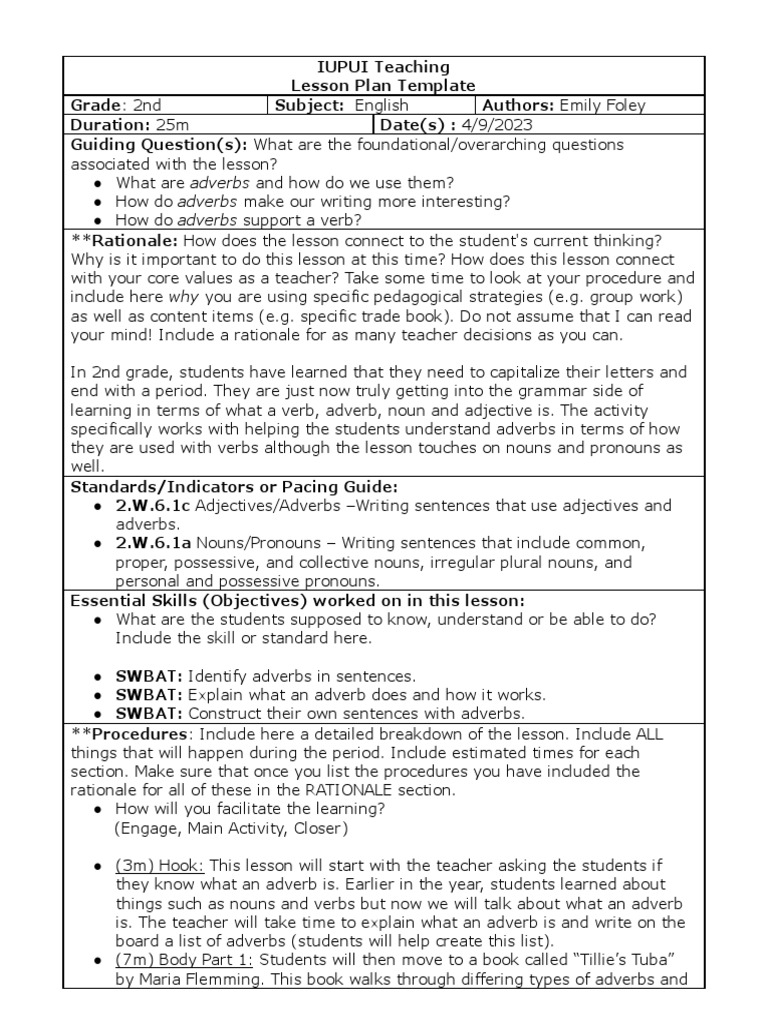 2nd Grade Adverb Lesson Plan Template | PDF | Adverb | Noun