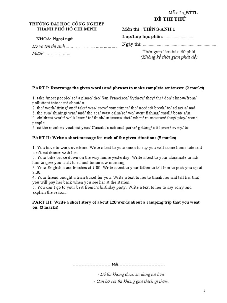 ĐỀ THI THỬ WRITING TA1 | PDF