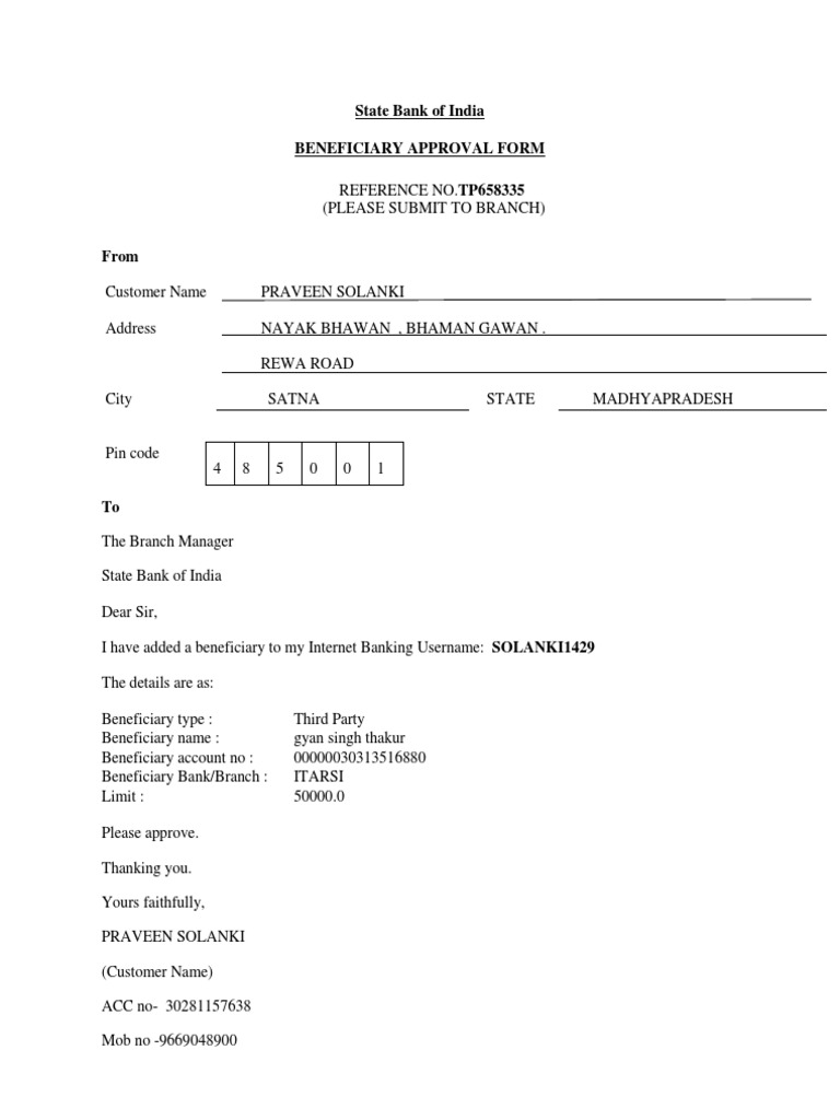State Bank of India Beneficiary Approval Form | PDF