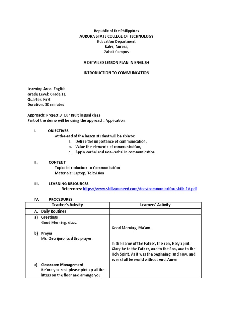 Lesson Plan | PDF | Communication | Nonverbal Communication