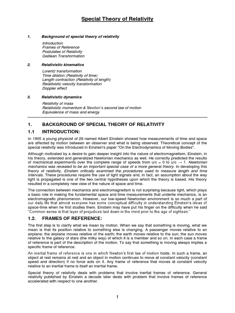 Background of Special Theory of Relativity 1.1 | PDF | Special ...