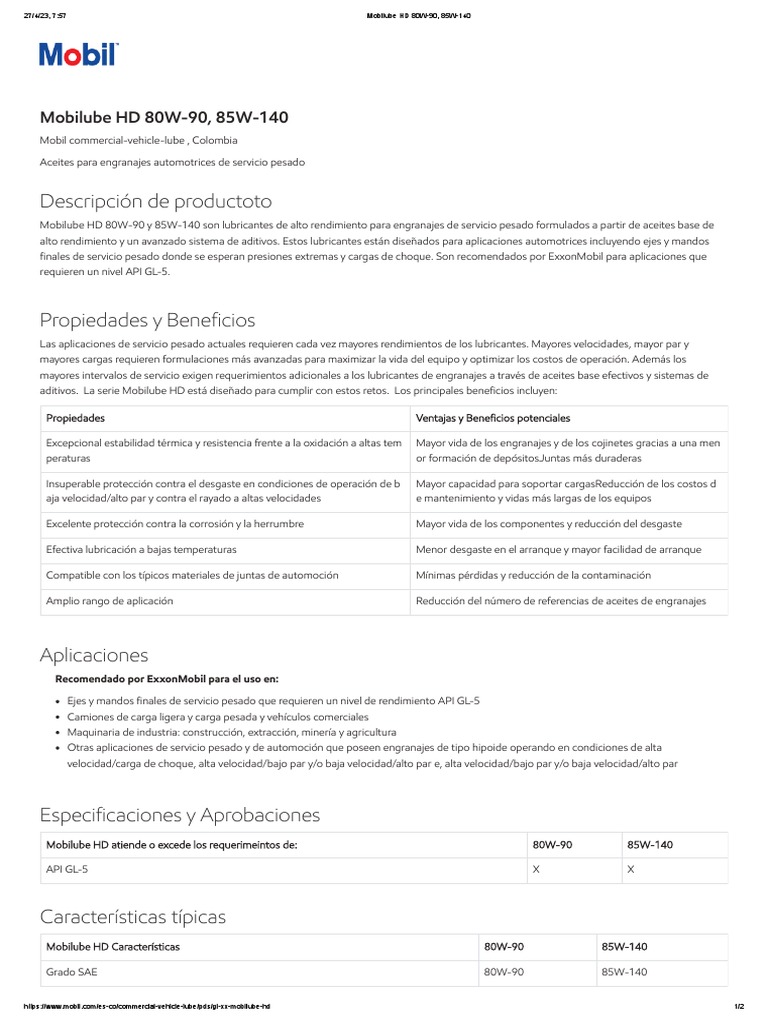 Mobilube HD 80W-90, 85W-140 | PDF | Lubricante | Engranaje