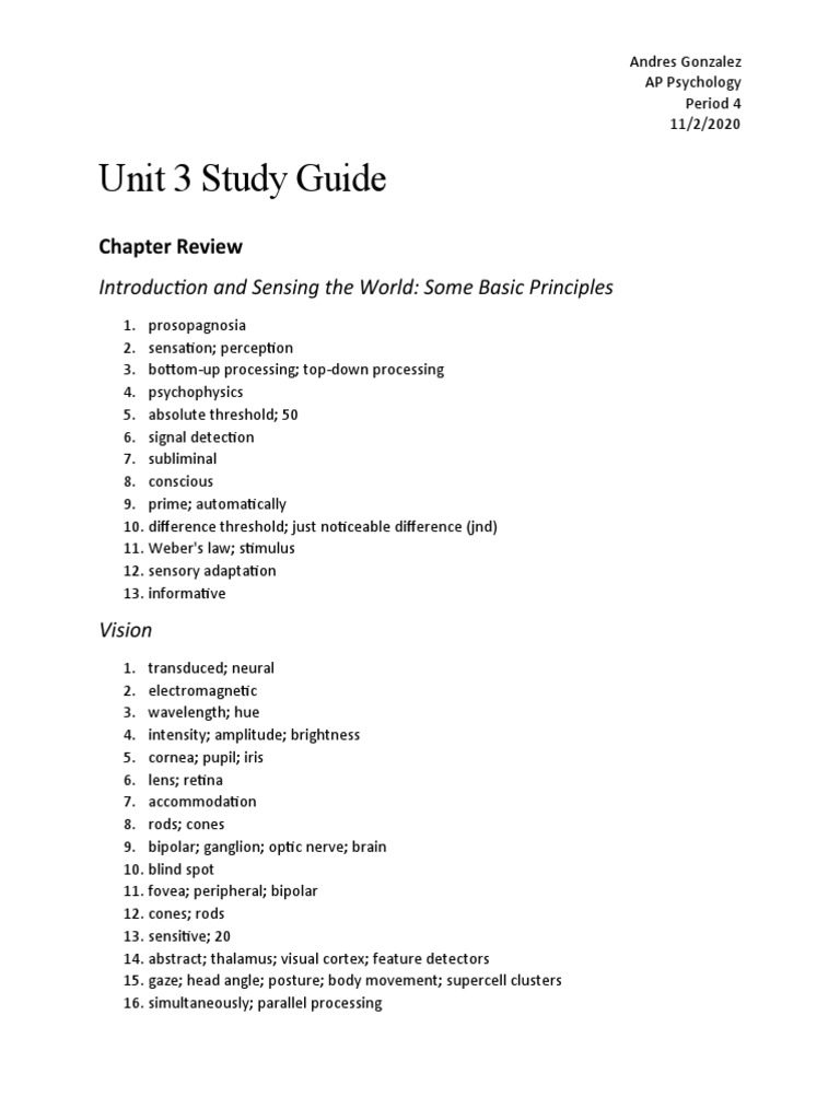 AP Psych Unit 3 Study Guide | PDF | Ear | Senses