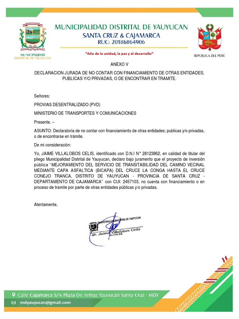 Declaracion Jurada de No Contar Con Financiamiento de Otras Entidades | PDF