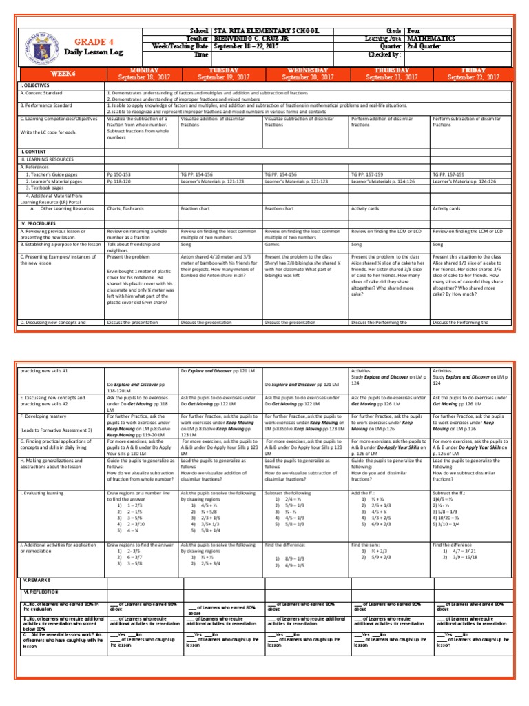 Grade 4 Math DLL: Week 6, Quarter 2 | PDF | Subtraction | Behavior ...
