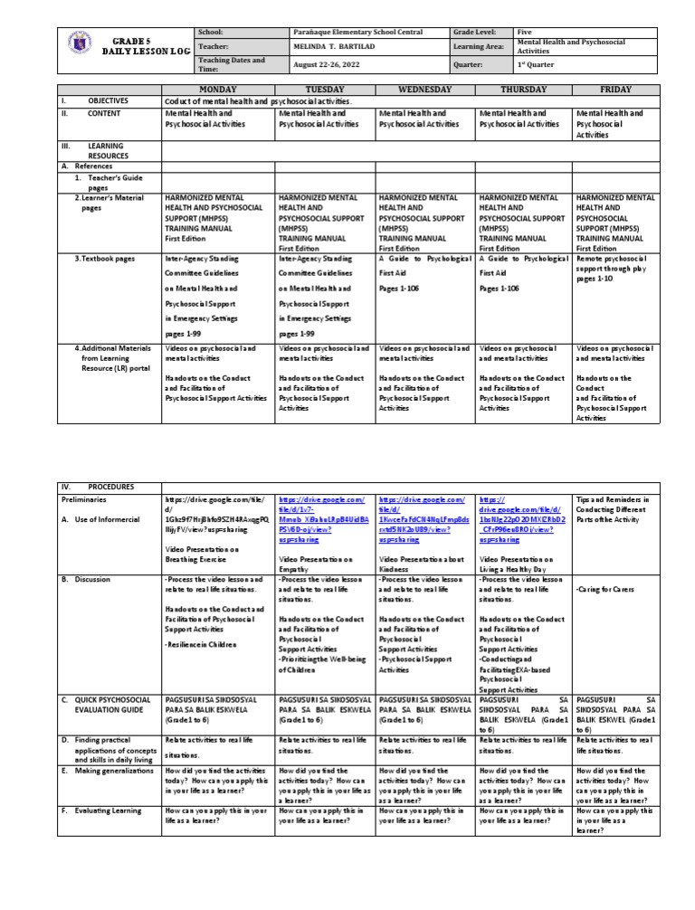 Grade 5 Psychosocial Activities Plan | PDF | Learning | Psychosocial