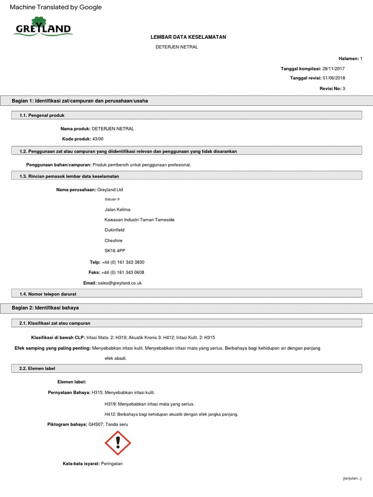 SDS 43 00 Neutral Detergent 001 C | PDF