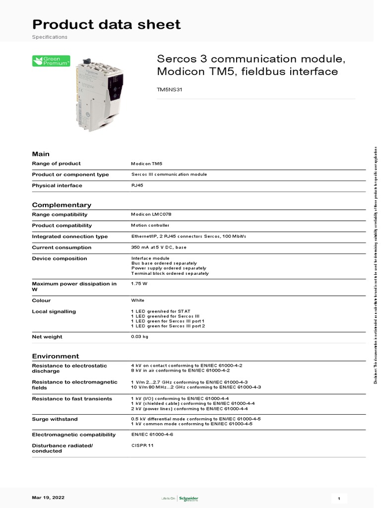 TM5NS31 Sercos III Module Specs | PDF | Computing | Manufactured Goods