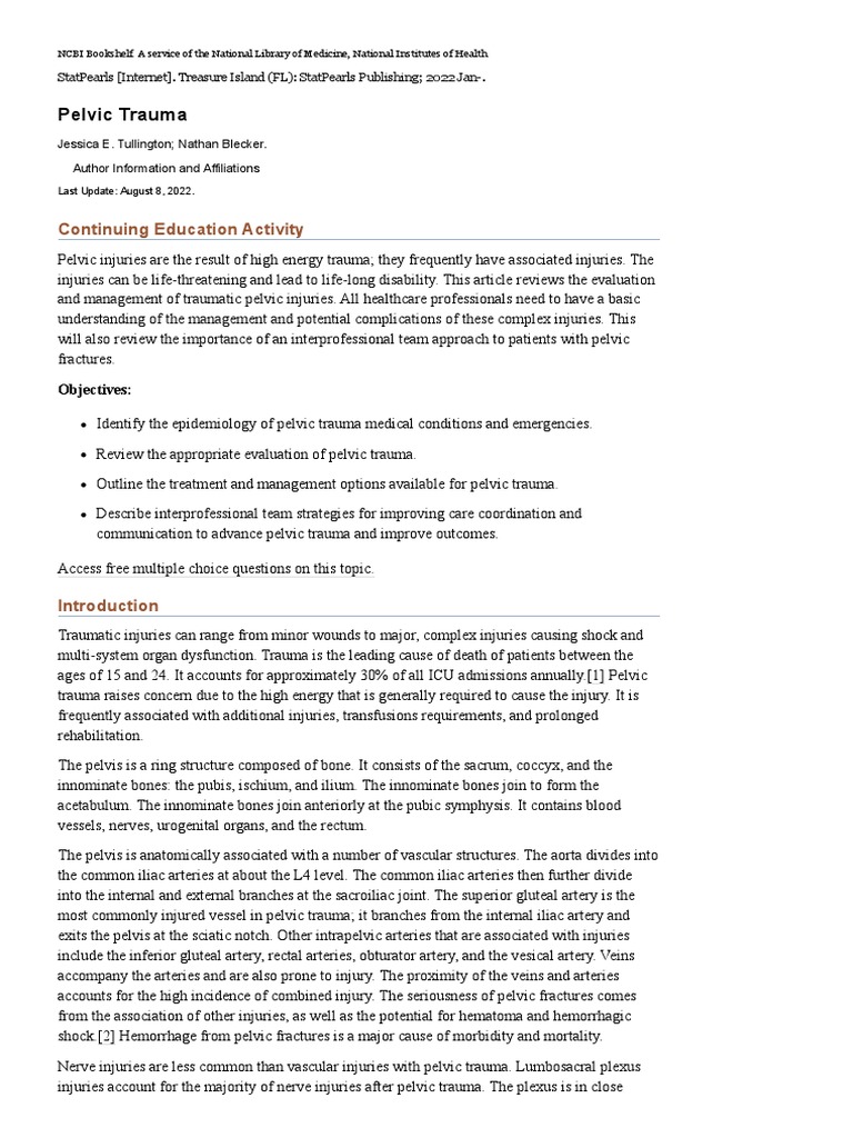Pelvic Trauma: Continuing Education Activity | PDF | Ischemia | Injury