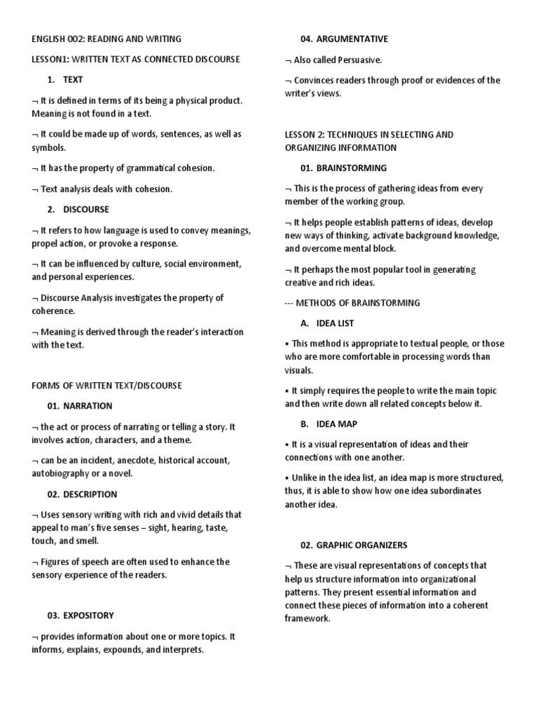 Reading and Writing Reviewer | PDF | Idea | Information