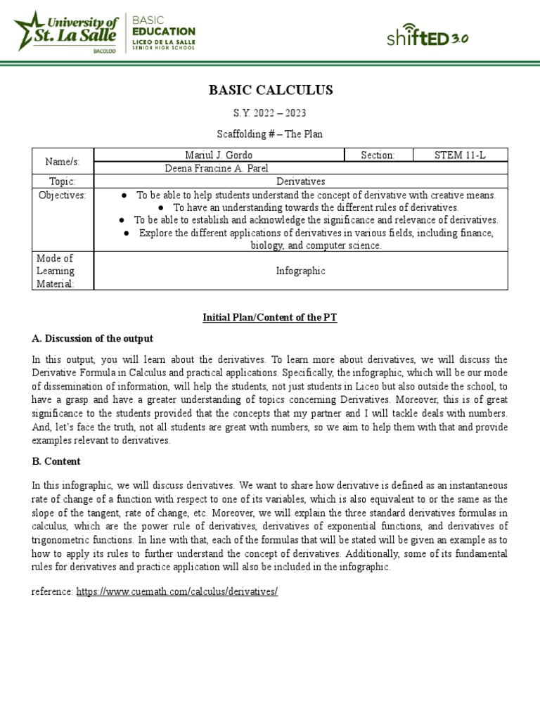 Basic Calculus: Initial Plan/Content of The PT A. Discussion of The ...