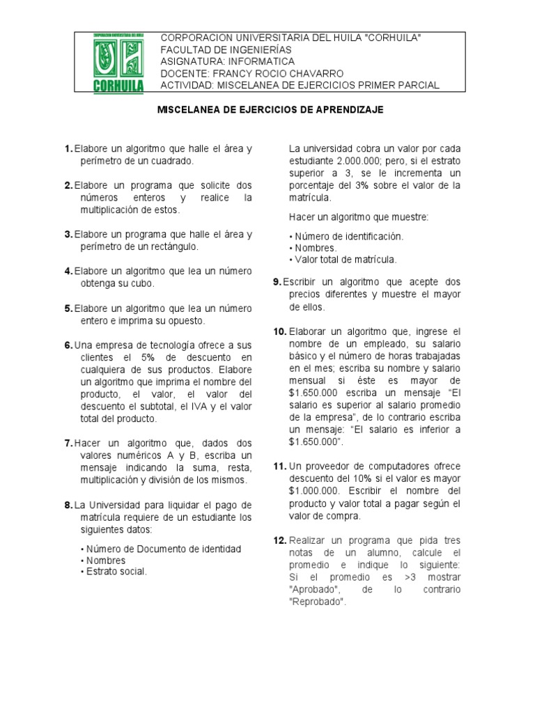 Miscelanea de Ejercicios Primer Parcial | PDF | Multiplicación | Salario