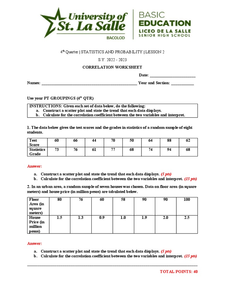 Correlation Worksheet | PDF