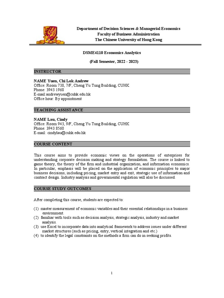 Course Outline DSME4110 | PDF | Economics | Academic Dishonesty