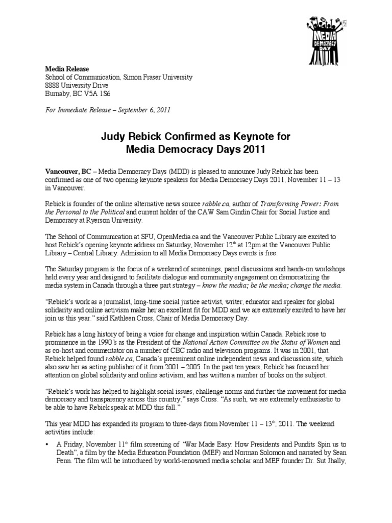 Judy Rebick Media Release - FINAL | PDF | Vancouver | Mass Media