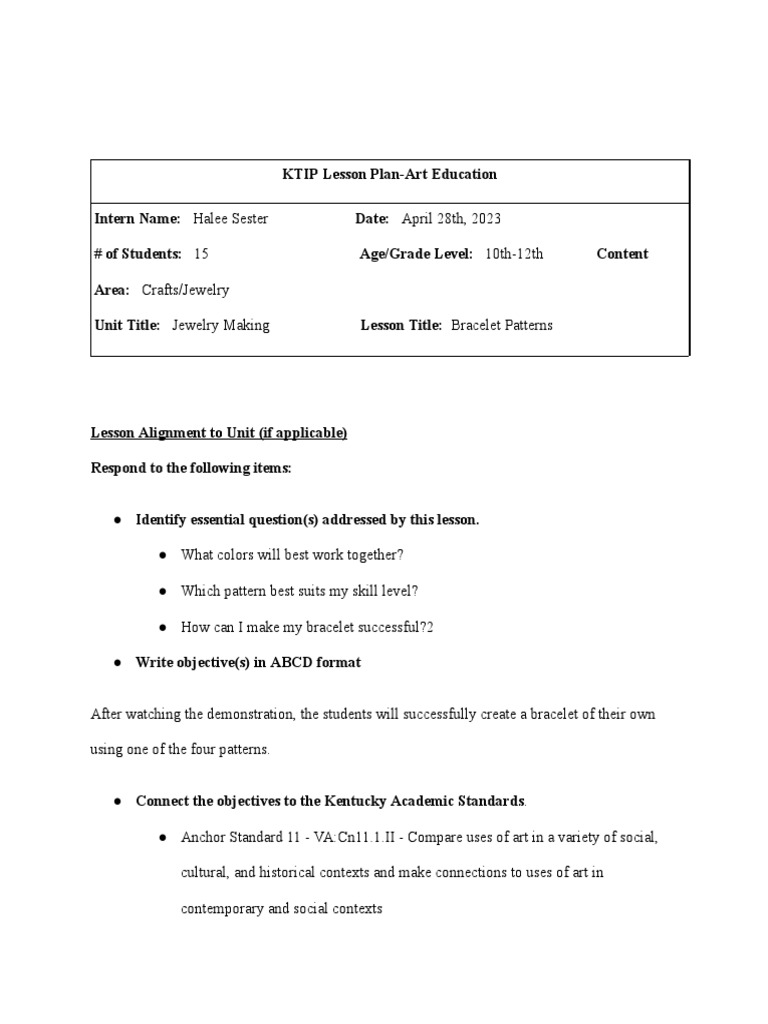 Sester Bracelet Making Lesson Plan | PDF | Educational Assessment ...