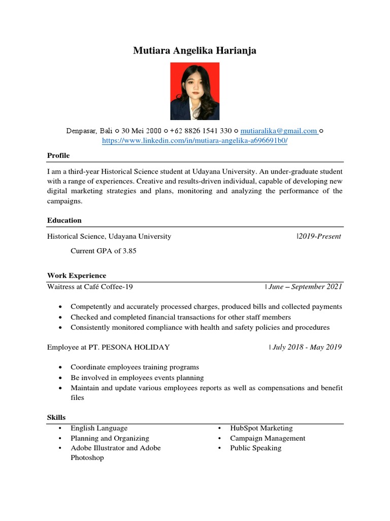 CV Mutiara Angelika Harianja | PDF