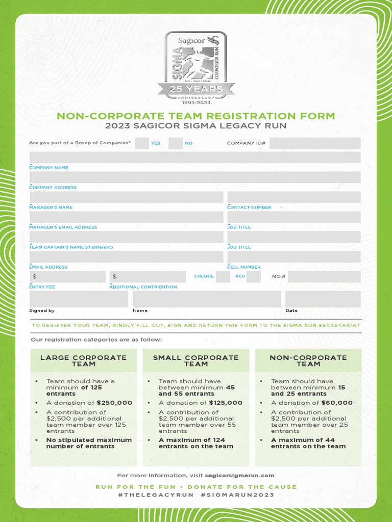 Non-Corporate Team Registration Form: 2023 Sagicor Sigma Legacy Run | PDF | Payments | Money