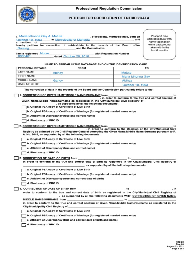 PRD-23 Correction of Entries or Data | PDF | Identity Document | Birth Certificate