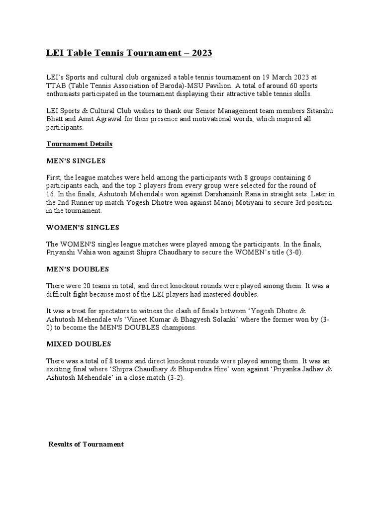 Table Tennis Tournament Results: LEI Sports Club Hosts Successful ...