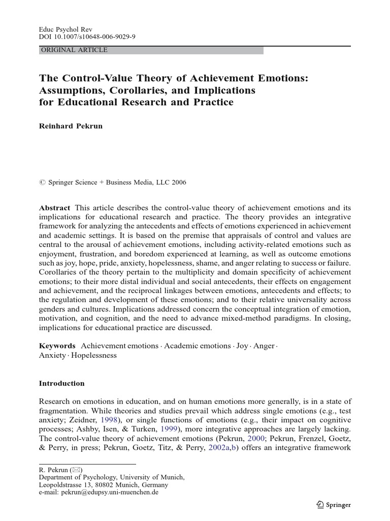 The Control-Value Theory of Achievement Emotions: Assumptions, Corollaries, and Implications For ...