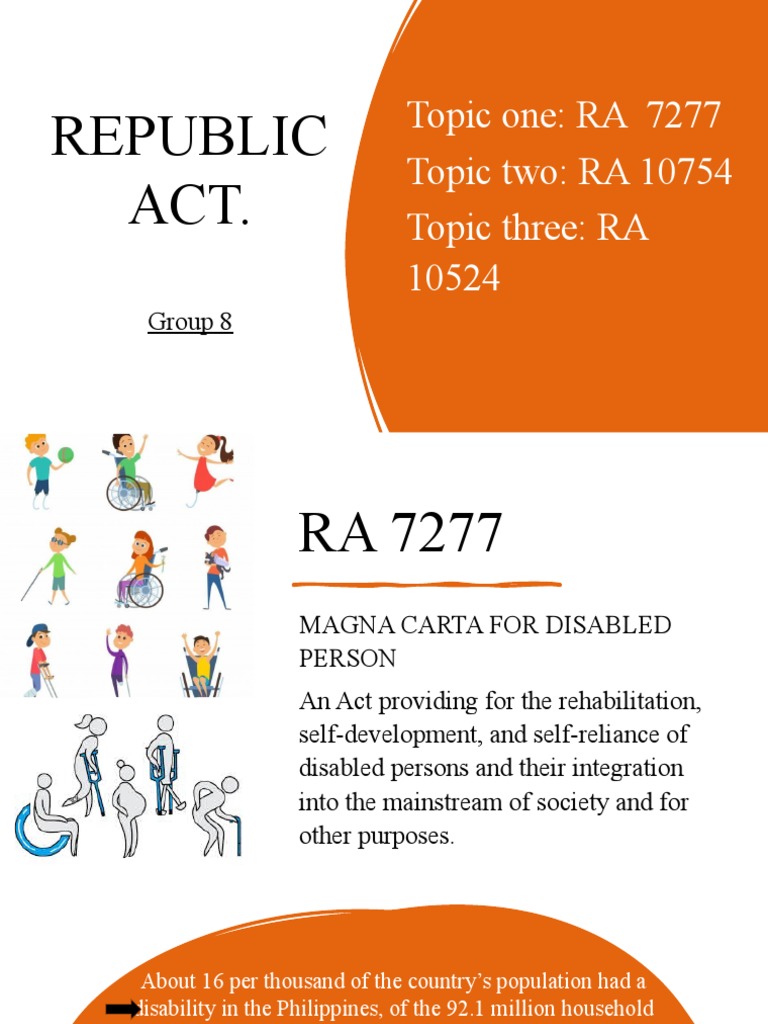 Republic Act.: Topic One: RA 7277 Topic Two: RA 10754 Topic Three: RA ...