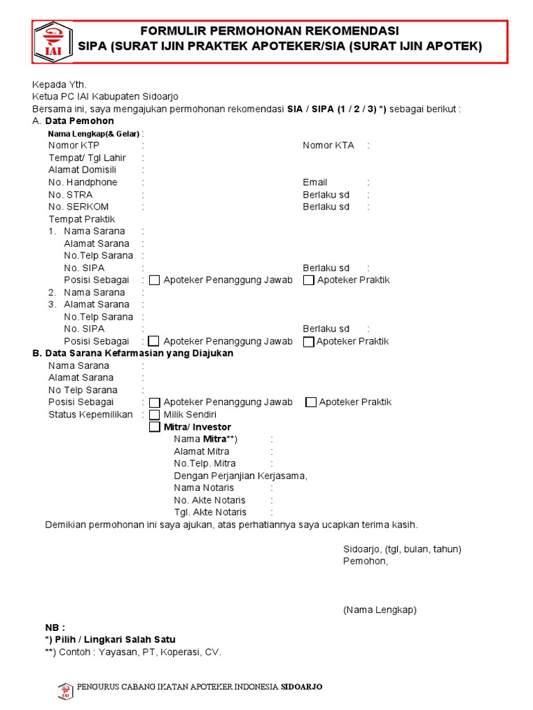 Formulir Permohonan Rekomendasi Sipa Dan Sia | PDF