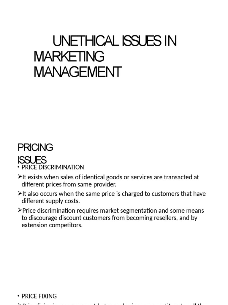 Unethical Issues in Marketing Management | PDF | Prices | Pricing