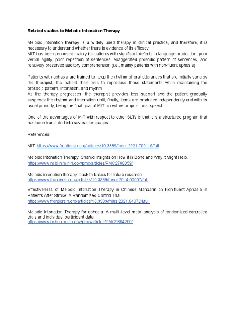 Melodic Intonation Therapy For Patients | PDF