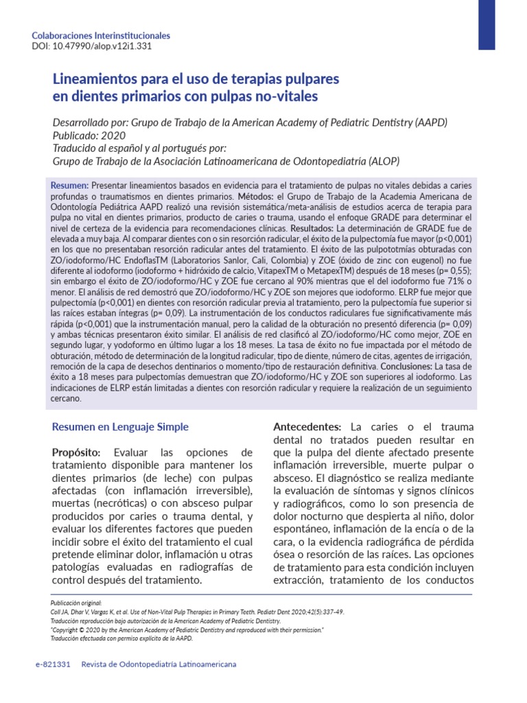 ALOP Lineamientos para El Uso de Terapias Pulpares en Dientes Primarios ... ALOP Lineamientos para El Uso de Terapias Pulpares en Dientes Primarios ...