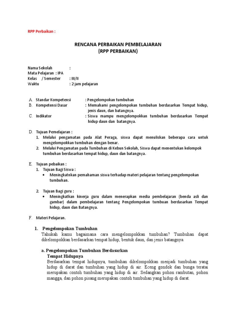 Contoh RPP Perbaikan Siklus 1 Tumbuhan | PDF