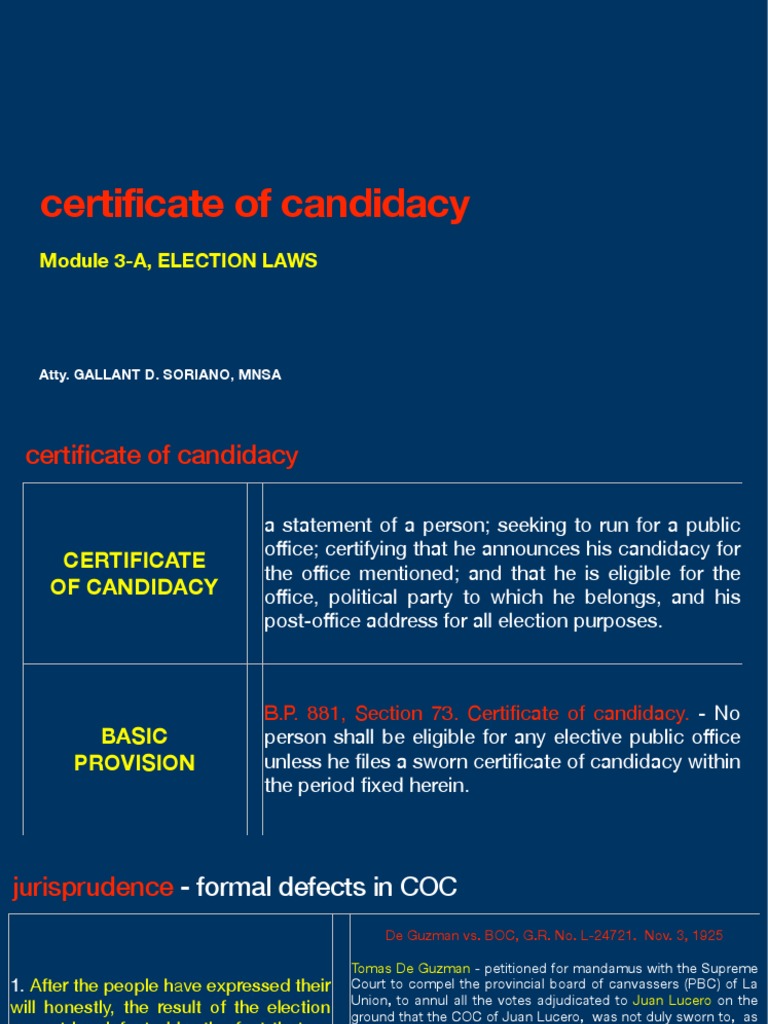 Certificate of Candidacy: Module 3-A, Election Laws | PDF