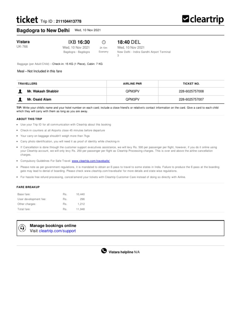 Cleartrip Flight Domestic E-Ticket | PDF | Transport | Aviation