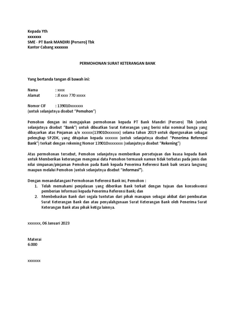 Form Permohonan Referensi Bank Sebagai Pelengkap SP2DK | PDF