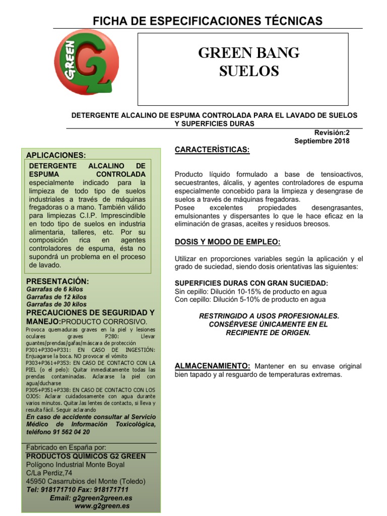 F.tecnica G2 Green Bang Suelos | PDF | Detergente | Agua