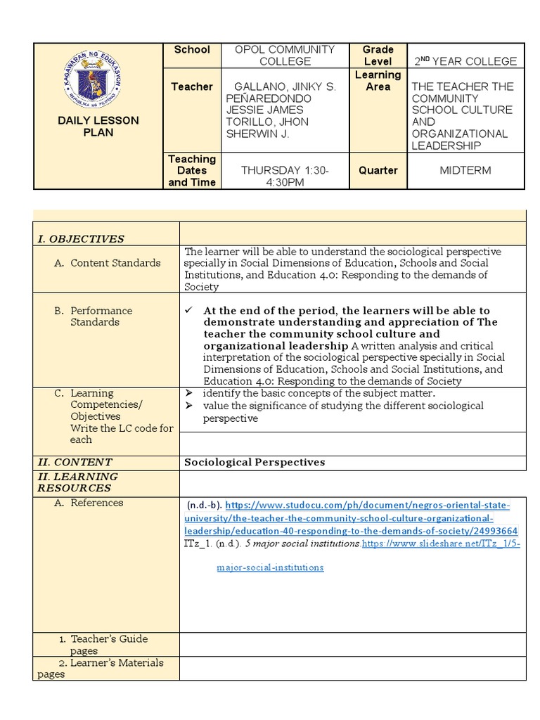 Lesson Plan in The Teacher... Sociological Perspective | PDF | Folklore ...