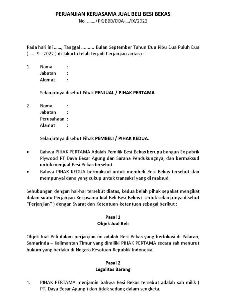 Draft Kontrak Jual Beli Besi Ex Pabrik Playwood | PDF