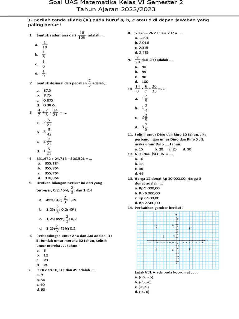 Soal Latihan Uas Kelas 6 Semester 2 Docx | PDF