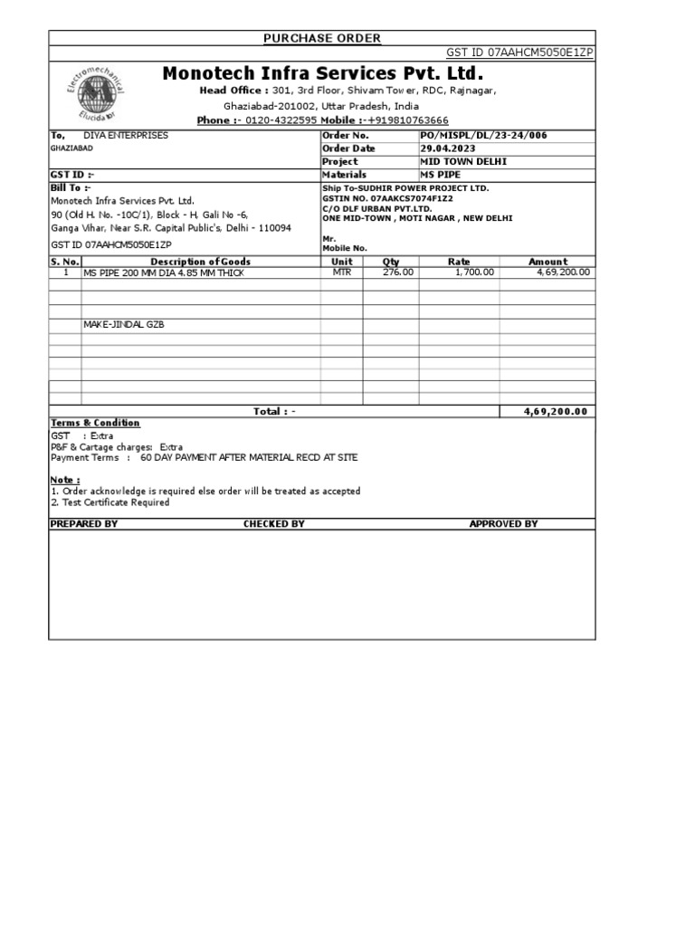 Purchase Order for MS Pipes - Monotech | PDF