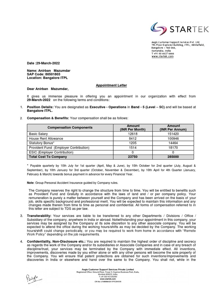 Appointment Letter - 80501803 | PDF | Employment | Non Disclosure Agreement