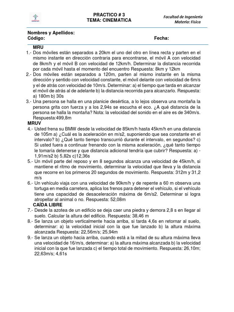 Practico 3 Cinematica | Descargar gratis PDF | Velocidad | Cinemática