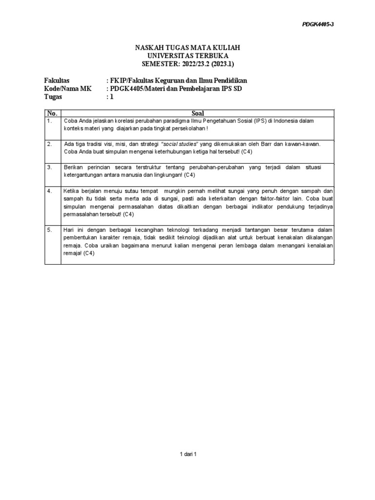 Soal pdgk4405 tmk1 3 | PDF