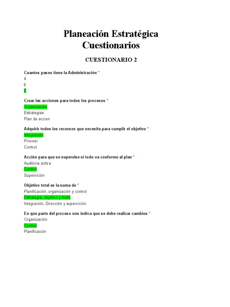 Planeación Estratégica Cuestionarios: Cuestionario 2 | PDF